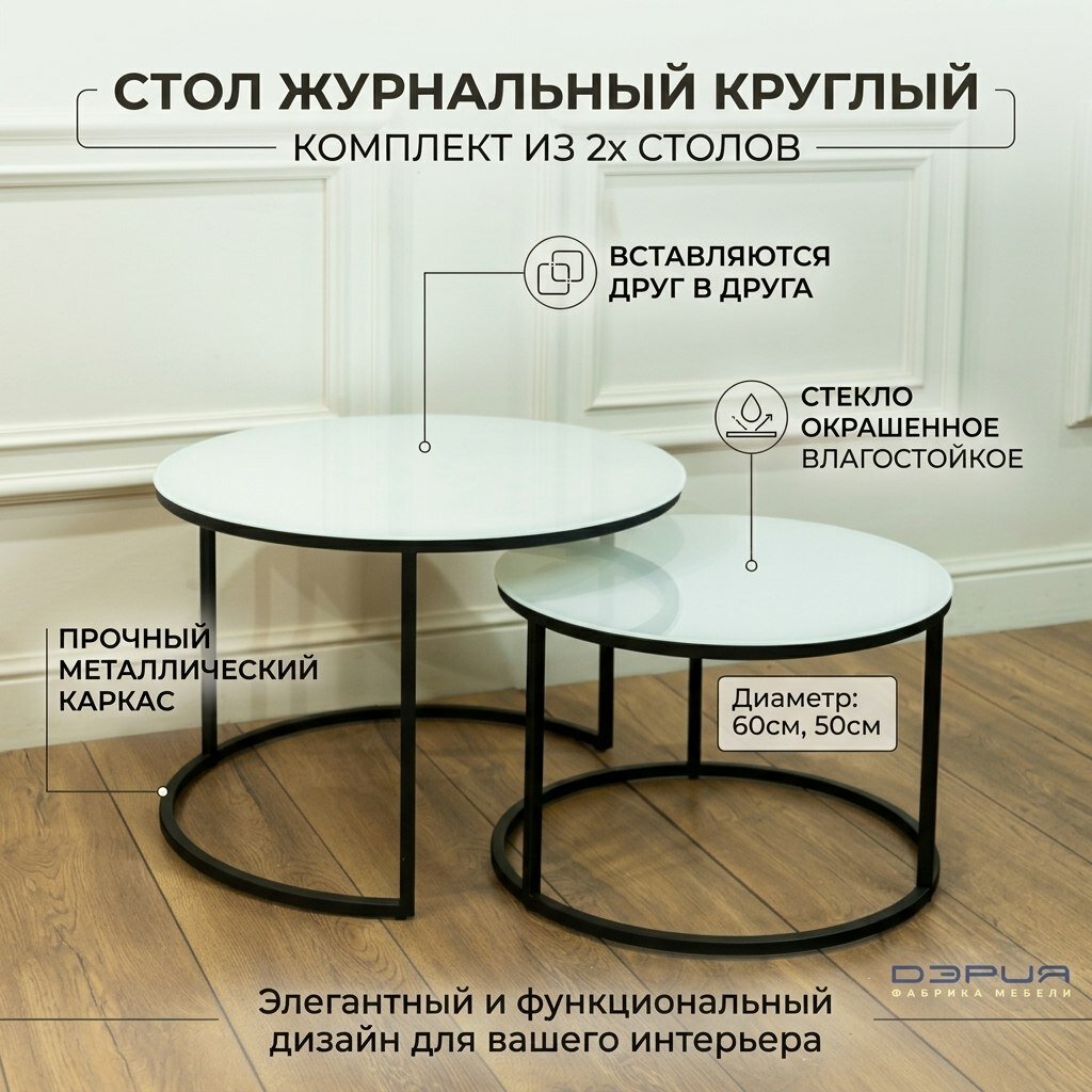 Стол Дуо, круглый, со стеклом, ЛДСП, металл, белый/черный, 60 см
