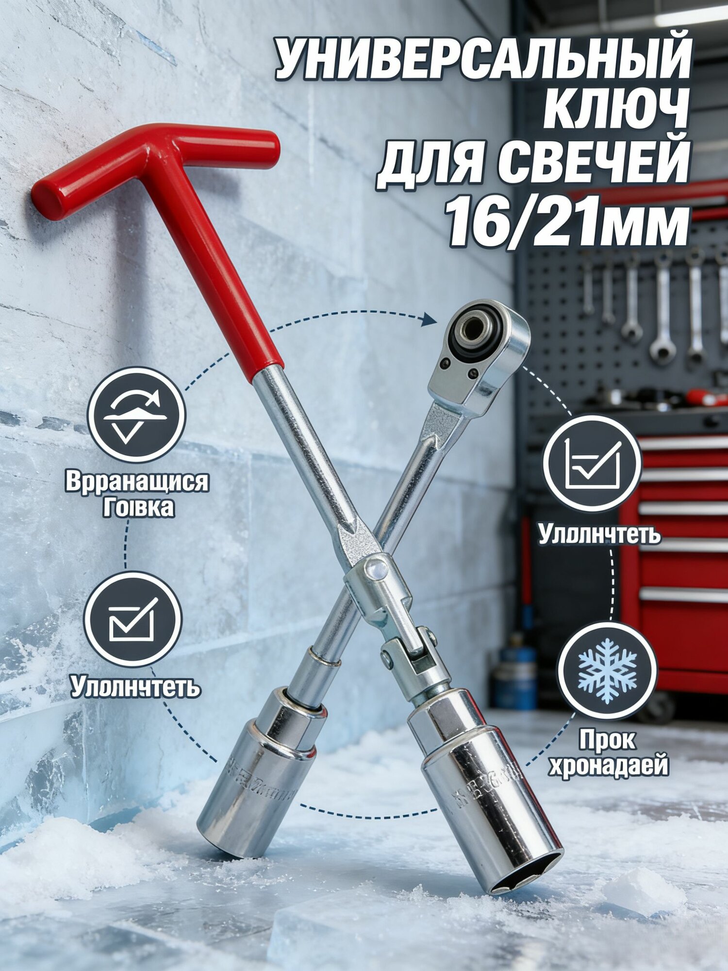 Ключ для свечей 16/21 мм с шарниром и удлинителем, хромованадиевая сталь — набор для замены свечей в двигателе