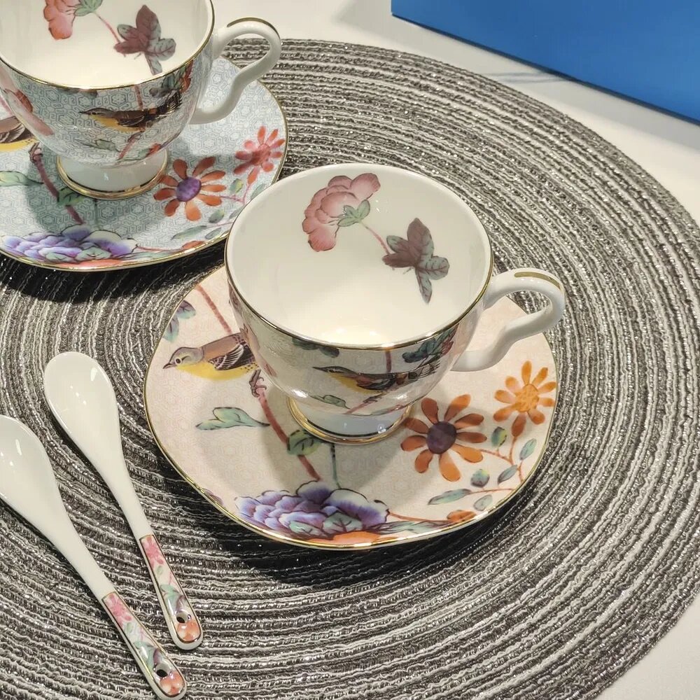 Wedgwood чашки кофейные 4 шт 200 мл птицы из костяного фарфора с ложками — фото 1