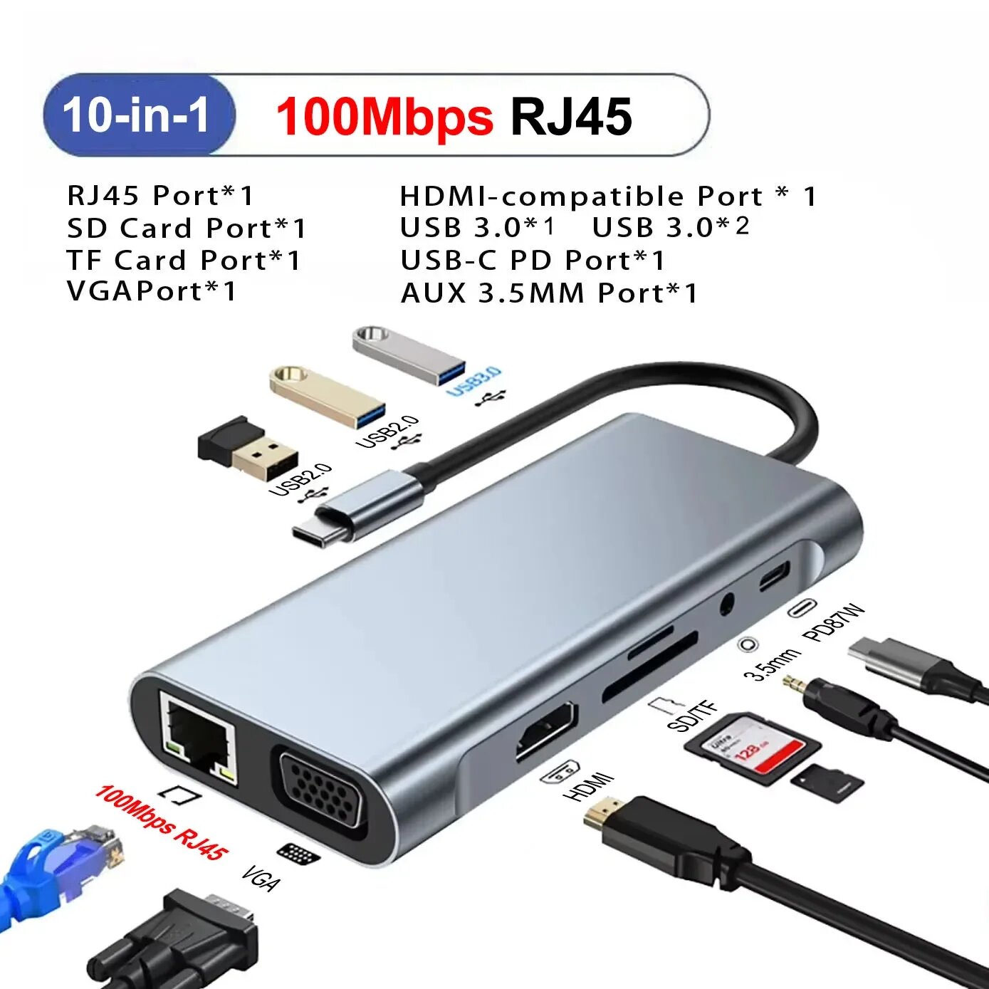 USB C Док-станция 10-в-1 RJ45 100M
