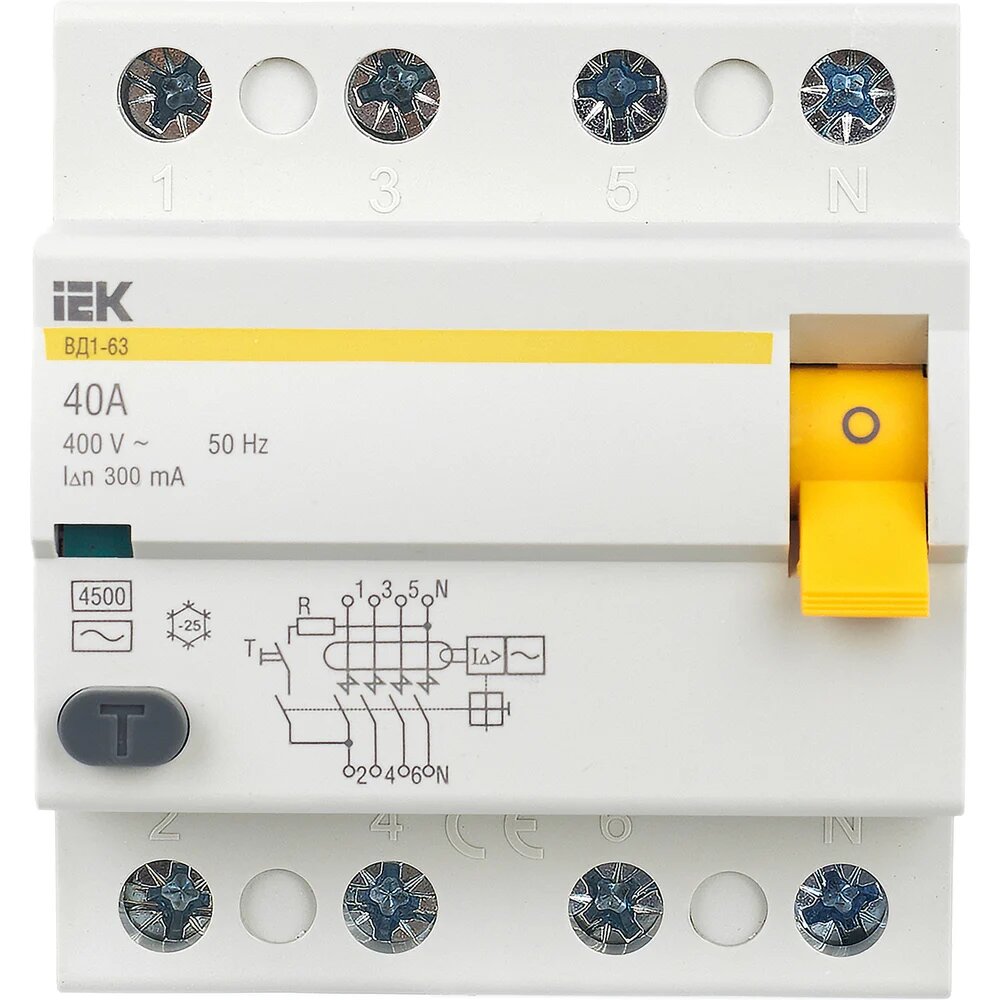 Выключатель, IEK, дифференциального тока IEK 4п 40A 300mA тип AC ВД1-63 ИЭК