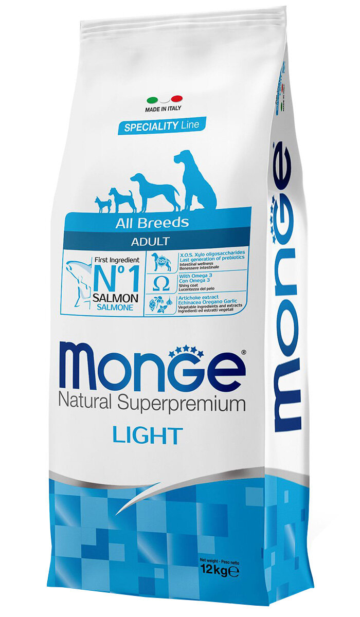 Корм сухой Monge Speciality Dog Light Salmon диетический для взрослых собак всех пород, лосось, рис, 12 кг