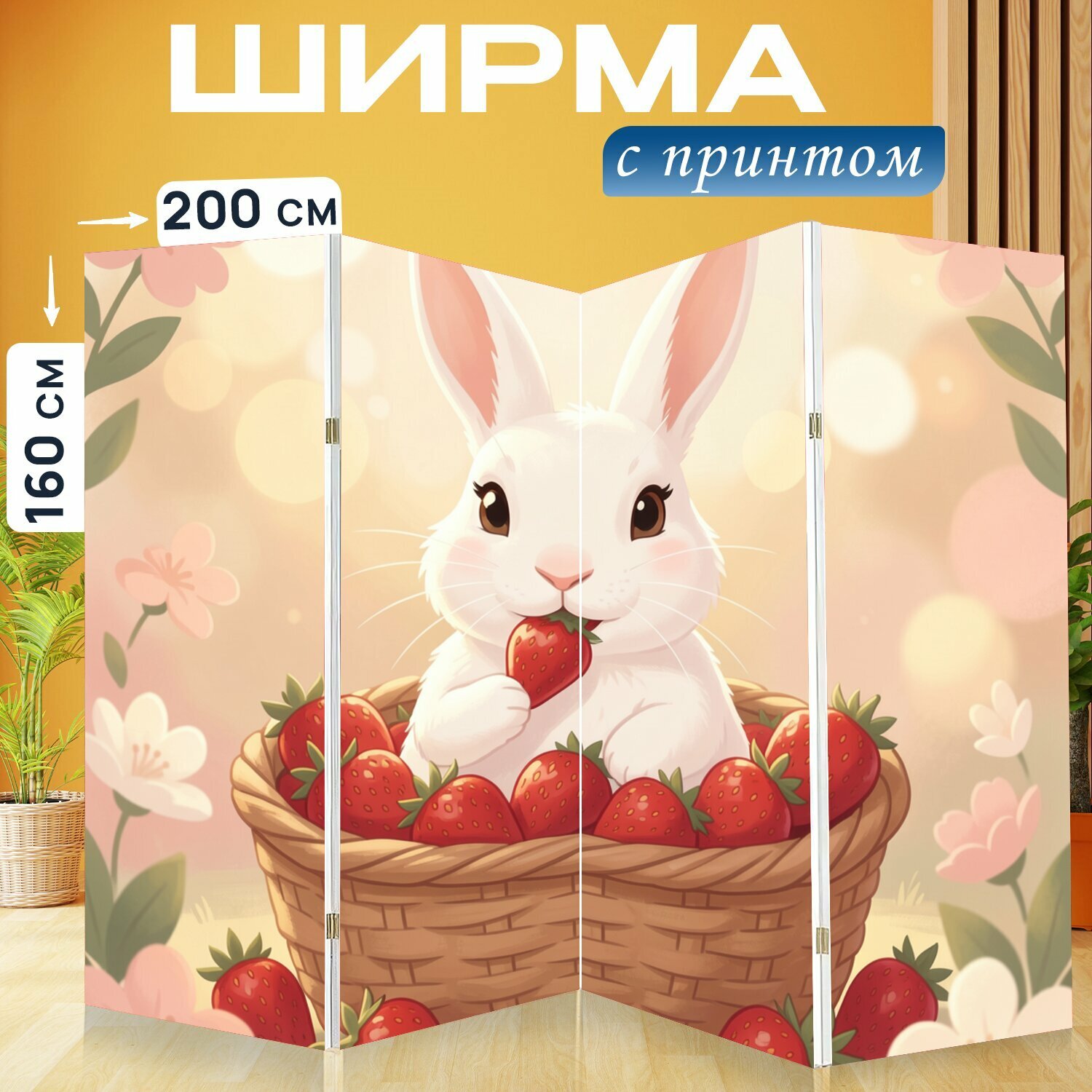 Ширма "Белый кролик с клубникой. Милый зайчик в плетёной корзинке среди спелых ягод, нежные цветы и мягкий." перегородка для зонирования комнаты с принтом 200x160 см. на холсте
