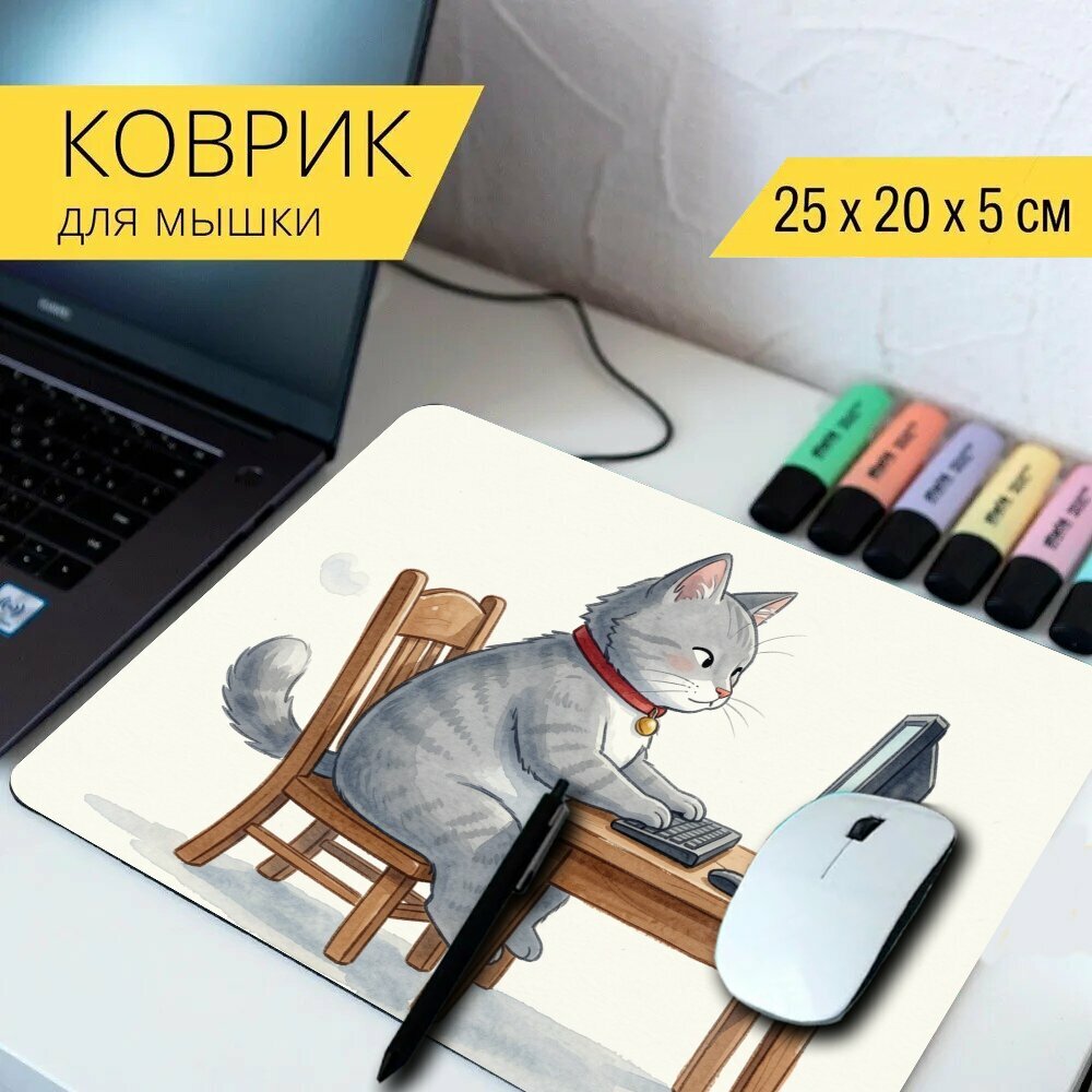 Коврик для мыши с принтом "Кот за компьютером за столом. Милый серый кот с красным ошейником сидит на деревянном стуле и печатает за монитором. Акварельный стиль, мягкие." 25x20см.