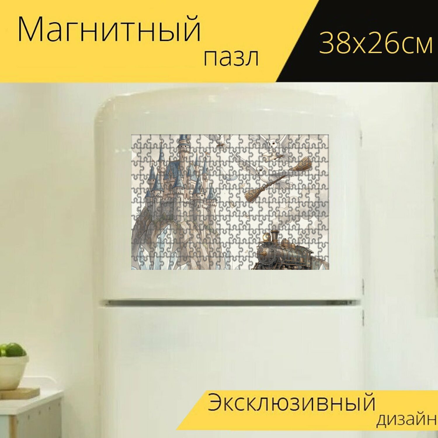Магнитный пазл "Волшебный замок и летающие совы. Сказочная сцена в нежной акварельной палитре: величественная крепость на скале, белые совы с письмом и." для интерьера, 38х26 см.