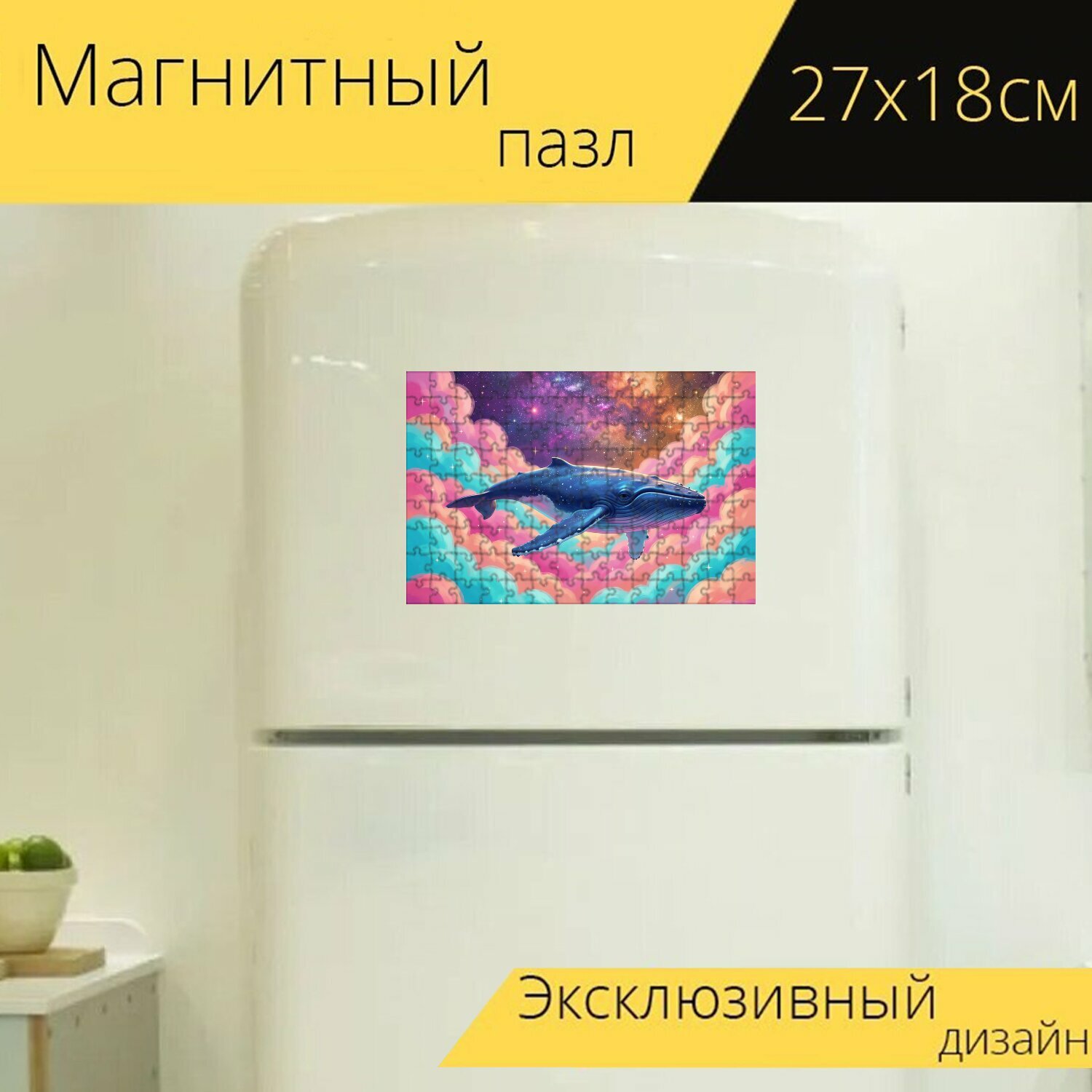 Магнитный пазл "Космический кит среди облаков. Фантазийный морской великан плывёт в сияющем небе среди мягких розово-бирюзовых облаков и мерцающих звёзд." на холодильник 27 x 18 см.