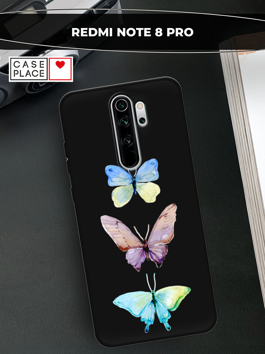 Черный матовый чехол на Xiaomi Redmi Note 8 Pro / Сяоми Редми Нот 8 Про с принтом Акварельные бабочки