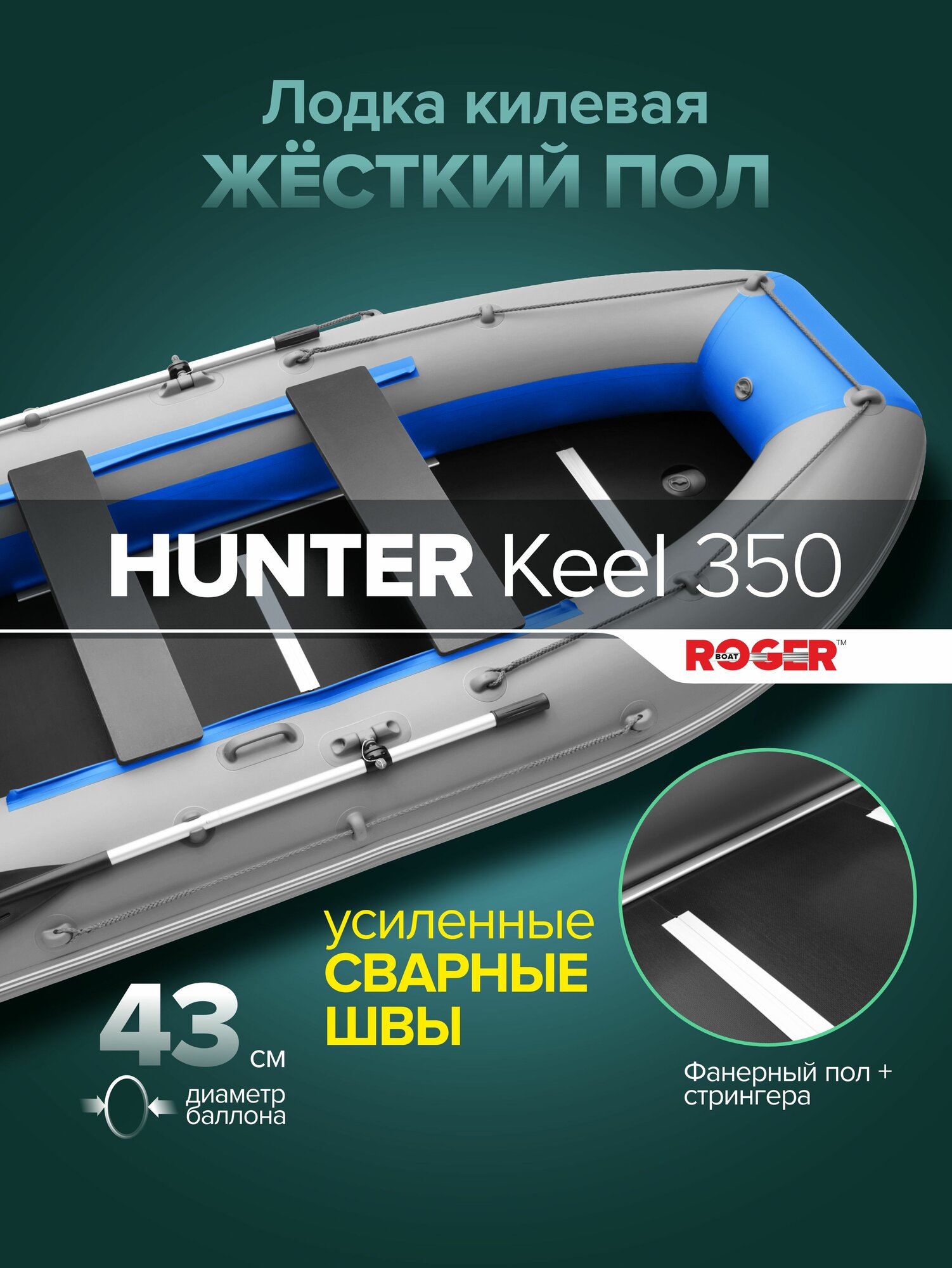 Лодка ПВХ под мотор ROGER Hunter Keel 350, надувная для рыбалки с жестким дном (серый-синий)