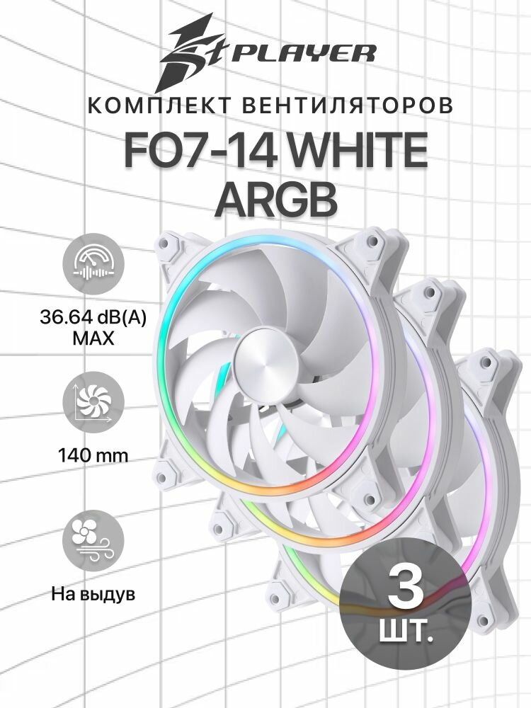 Комплект вентиляторов для корпуса 3 шт. 1STPLAYER FO7-14 White / 140mm ARGB 3pin 5V PWM 4pin 12V 700-1800rpm 76.25cfm 36.64dBA / FO7-14-WH / BULK