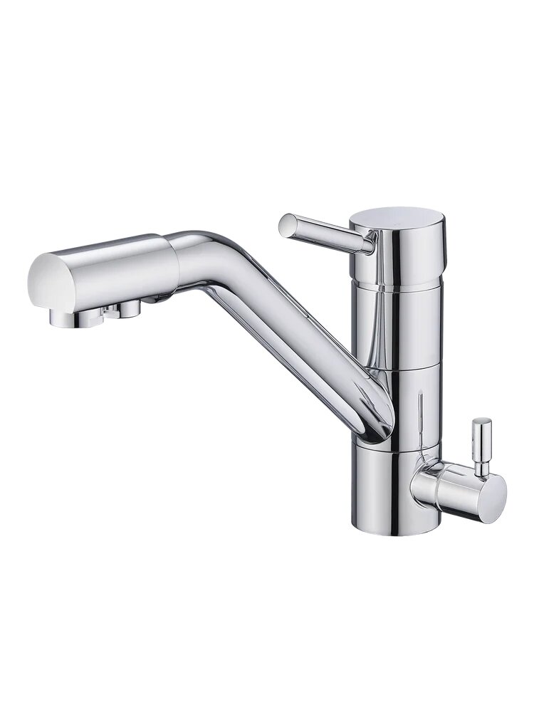 Смеситель для кухни Emar Steel ЕС - 3008 с краном для питьевой воды, с поворотным изливом, хром, глянцевый, однорычажный, латунный, с керамическим картриджем