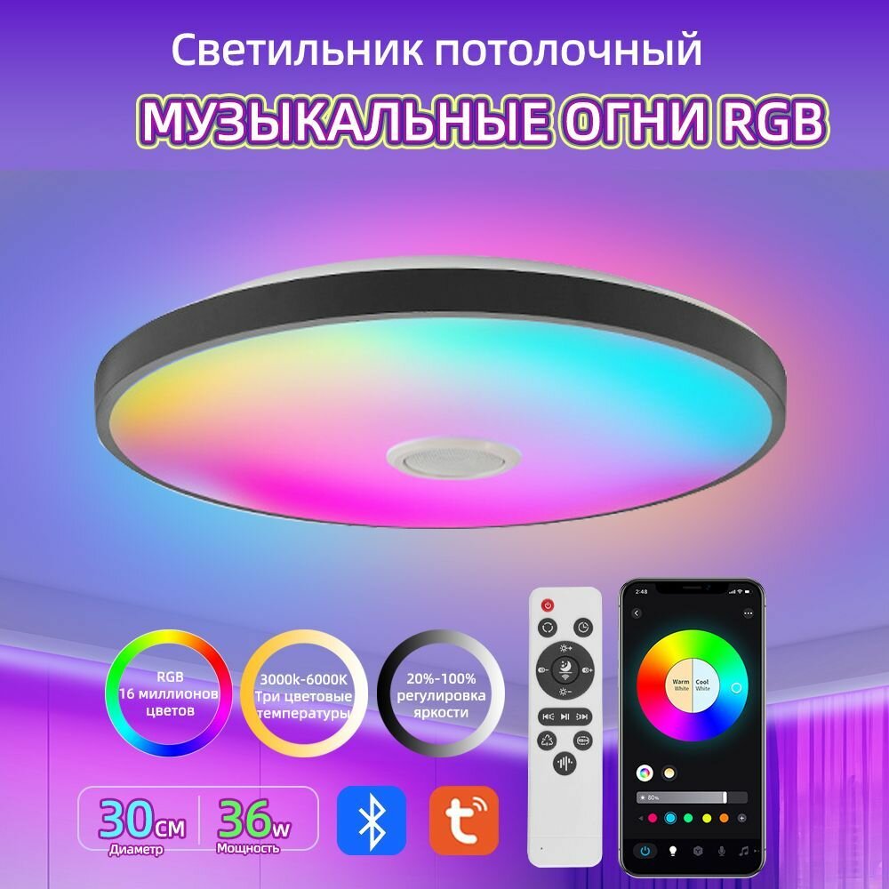 Светильник потолочный Novarizon, RGB и музыкальные функции Bluetooth, Управление осуществляется с помощью приложения Tuya App и пульта дистанционного управления