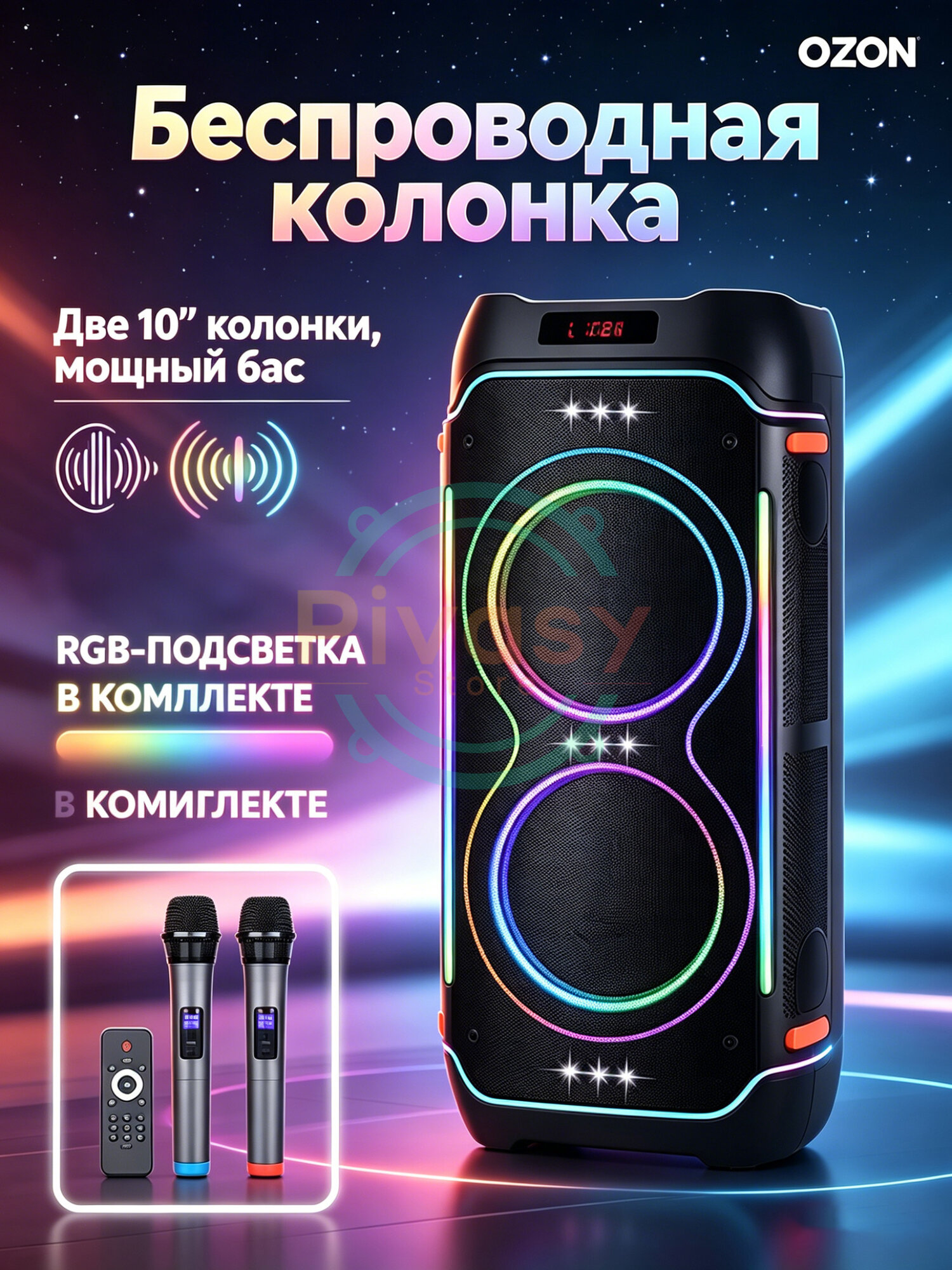 10-дюймовый бумбокс, 2 беспроводных микрофона, 100 Вт, светодиод, TWS, аккумулятор емкостью 14 Ач для сцены и танцев.