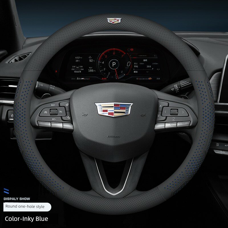 Чехол для руля Cadillac XT5 (2016-2026), темно-синий, натуральная кожа, дышащий, нескользящий, ультра-тонкий, с