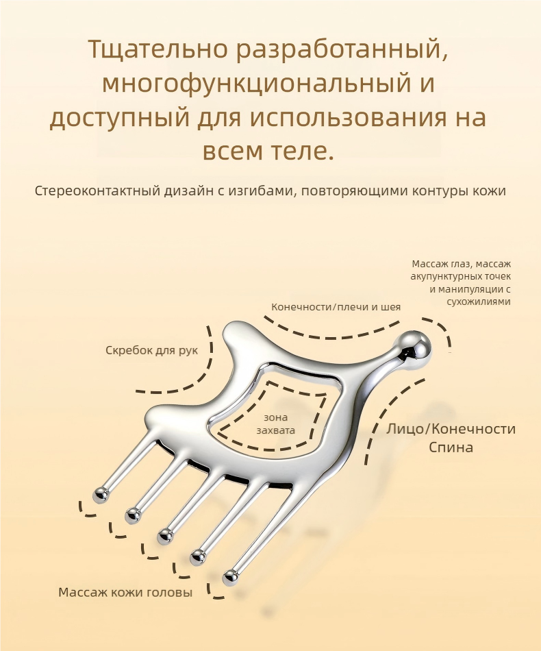 Расческа для массажа лица, головы, шеи "3-в-1", металлическая