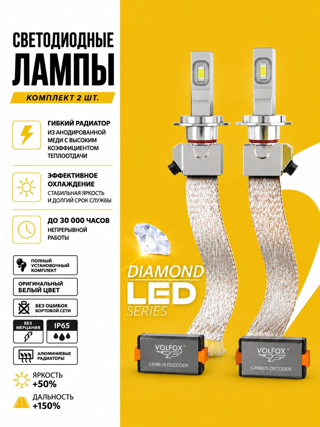 Комплект светодиодных ламп VOLFOX DIAMOND LED H7 с обманкой и лентой охлаждения, цвет белый
