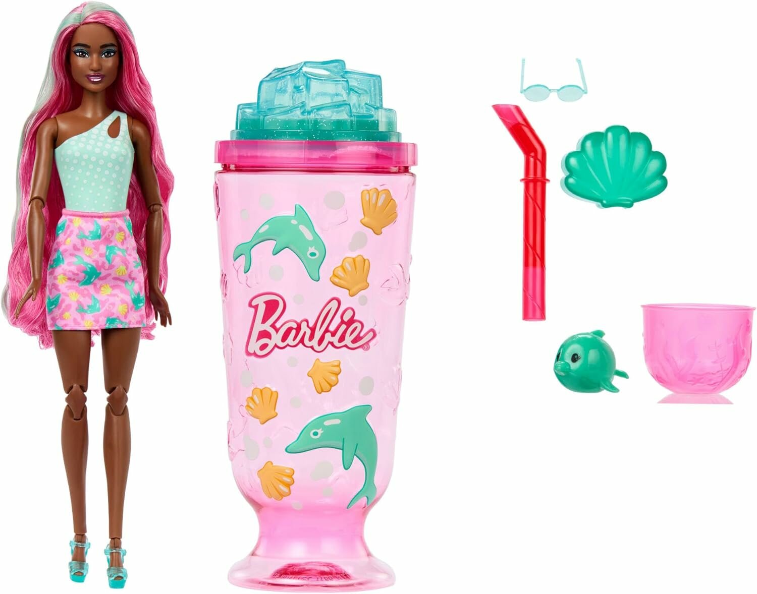 Игровой набор Mattel Barbie Pop Reveal - Кукла Sea Slushy Fashion Doll и питомец, 8 сюрпризов с сенсорной слизью и меняющими цвет волосами - Барби JKF60