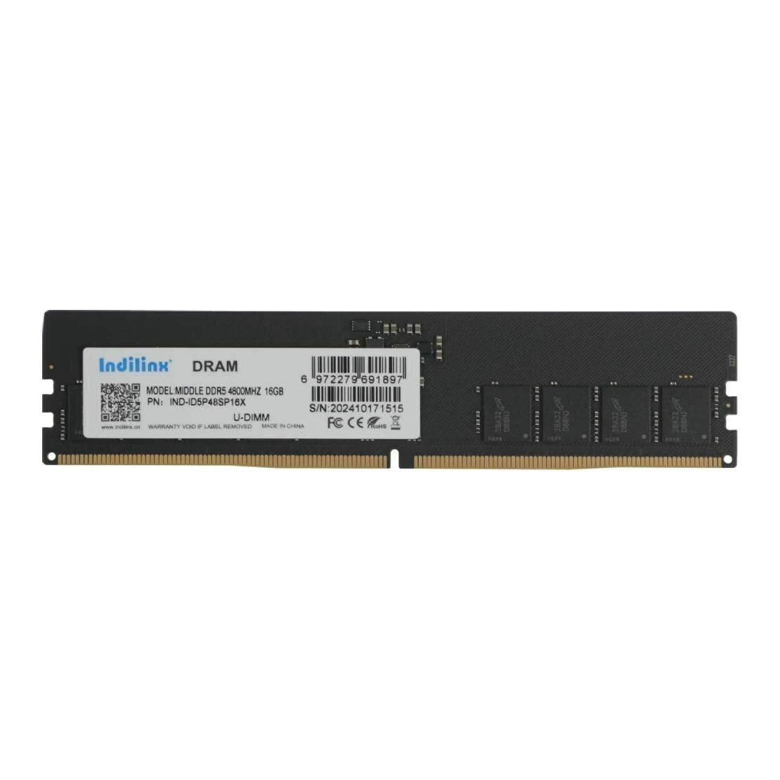 Память Indilinx IND-ID5P48SP16X, DDR5 DIMM, 16 Гб, 4800 МГц, 1.1 В, CL40, черный
