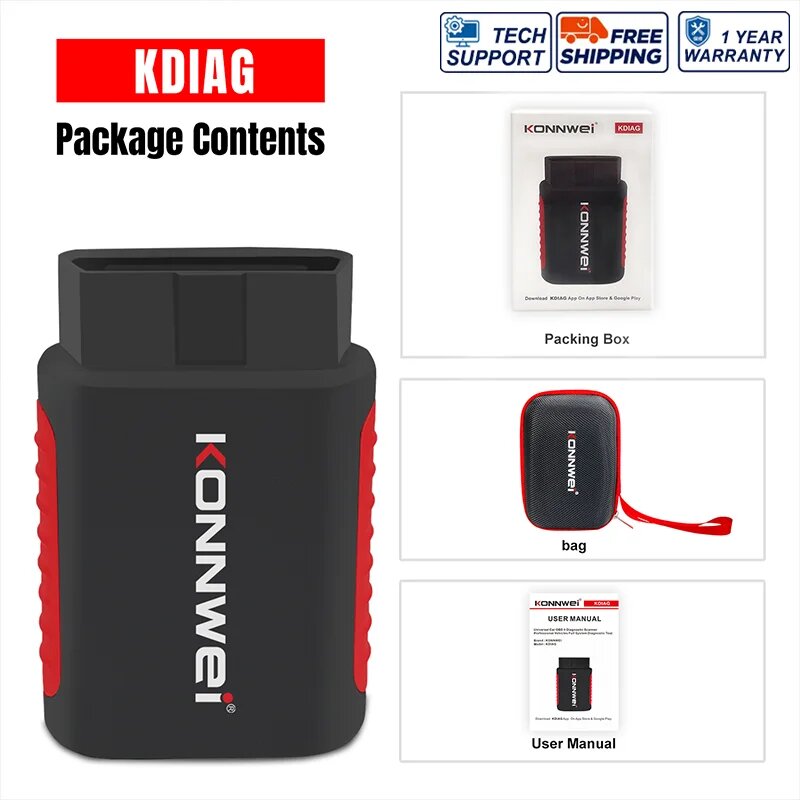 Диагностический сканер KONNWEI KDIAG 2026 для автомобилей (OBD2, Bluetooth): диагностика всех систем, чтение и удаление кодов, сброс EPB, DPF, масла, SRS, SAS, TPMS, датчиков