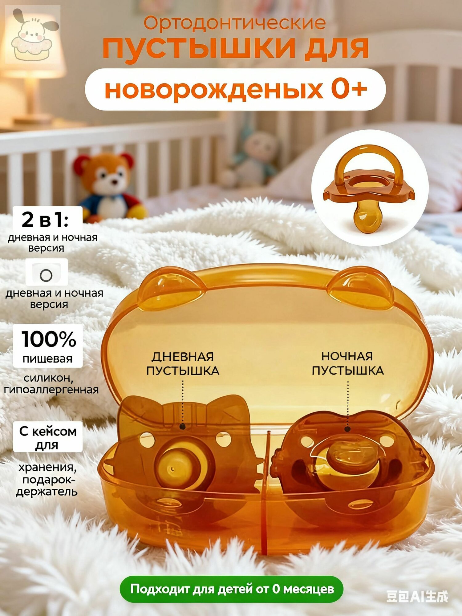 2 ортодонтические пустышки для новорожденных + цепочка для предотвращения потери1