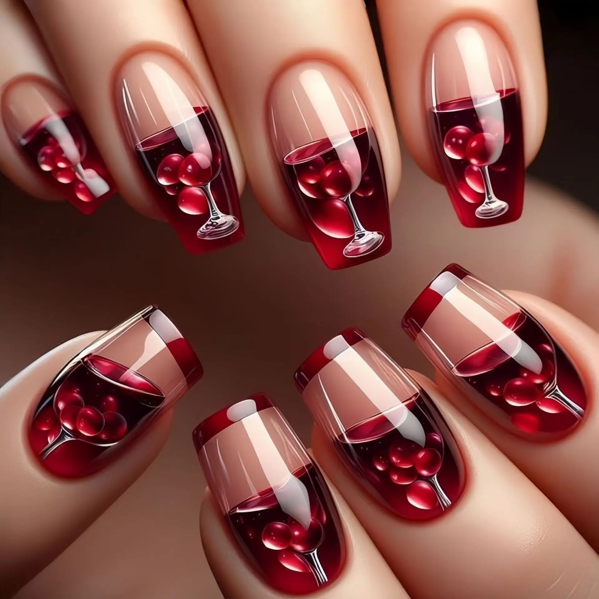 Накладные ногти Red Wine Gradient Fruit Design 24pcs 4127