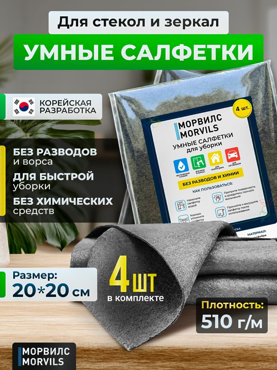Умные корейские салфетки для уборки, тряпки без разводов 20*20 см, 4 шт.