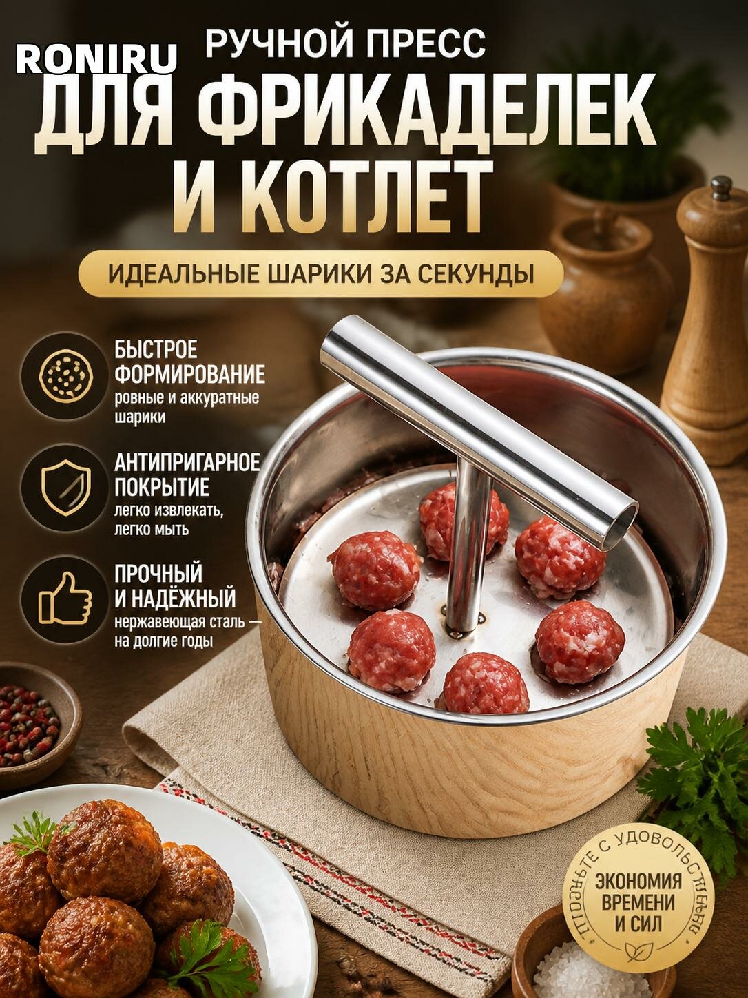 Ручной пресс для фрикаделек и котлет с антипригарным покрытием для быстрого формирования мясных шариков и тефтелей
