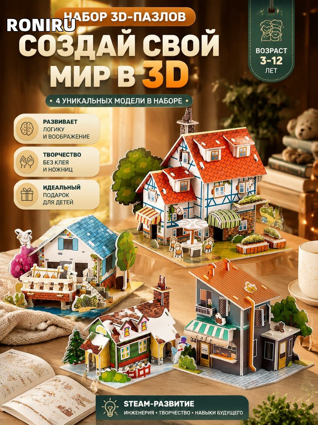 Набор 3D-пазлов для детей 3-12 лет — развивающая STEAM-игрушка с разными темами творческий подарок для уютных вечеров