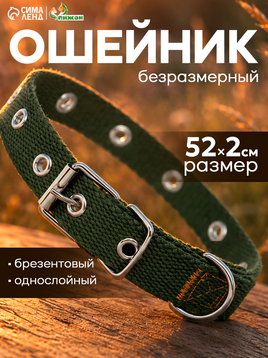 Ошейник брезентовый безразмерный однослойный, 52×2 см, тёмно-зелёный