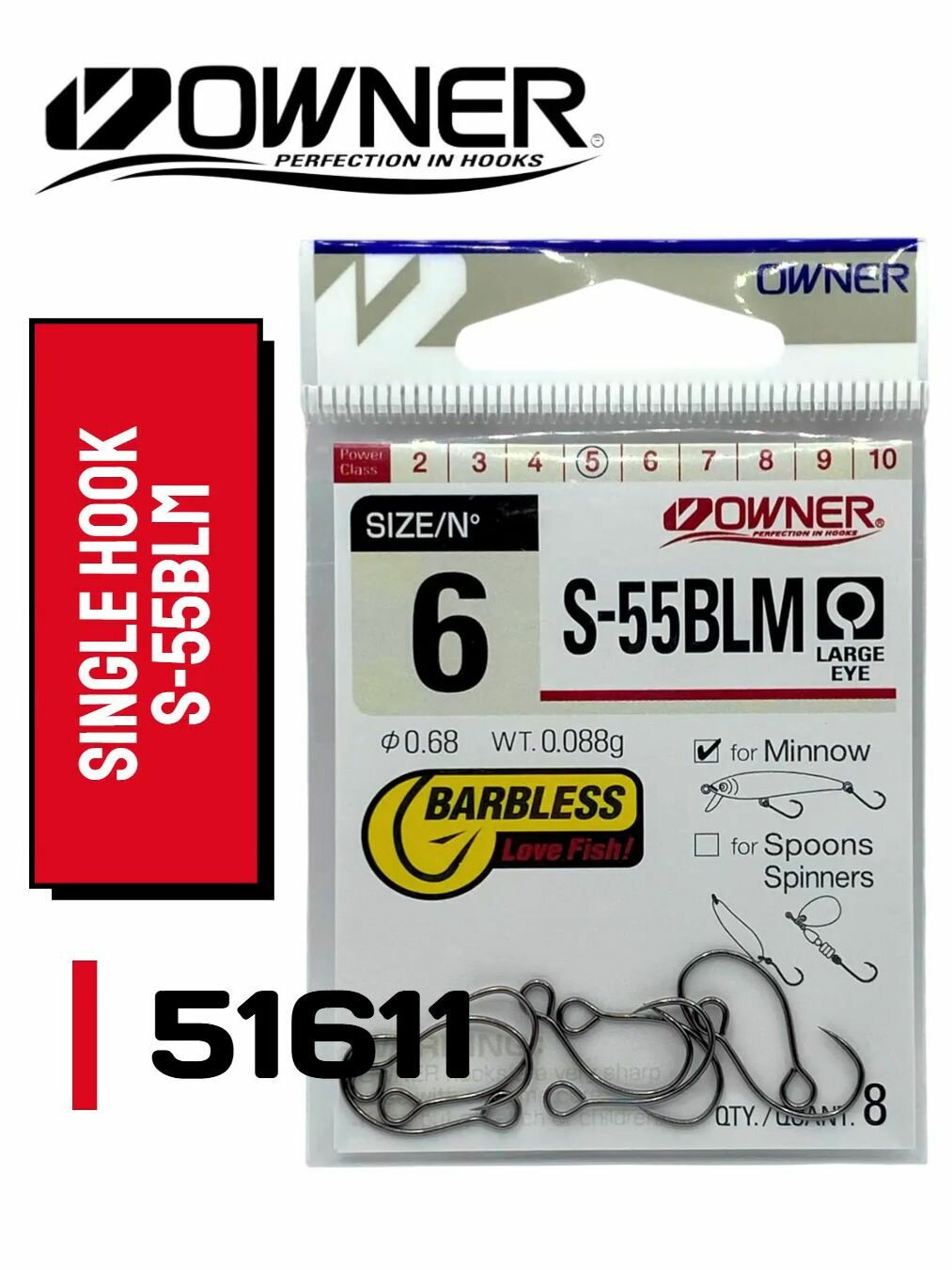 Крючок рыболовный Owner 51611 Single Hook S-55BLM № 6 черный (BC)