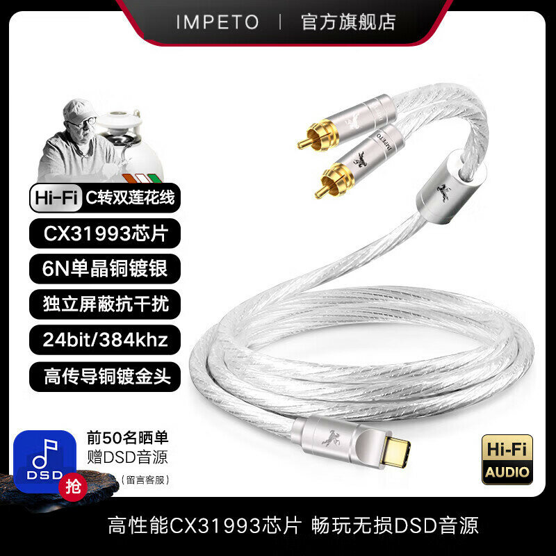 Аудиокабель с серебряным покрытием 6N Type-C к двойному RCA 1м с чипом CX31993 для iPhone 15/16 и Android устройств