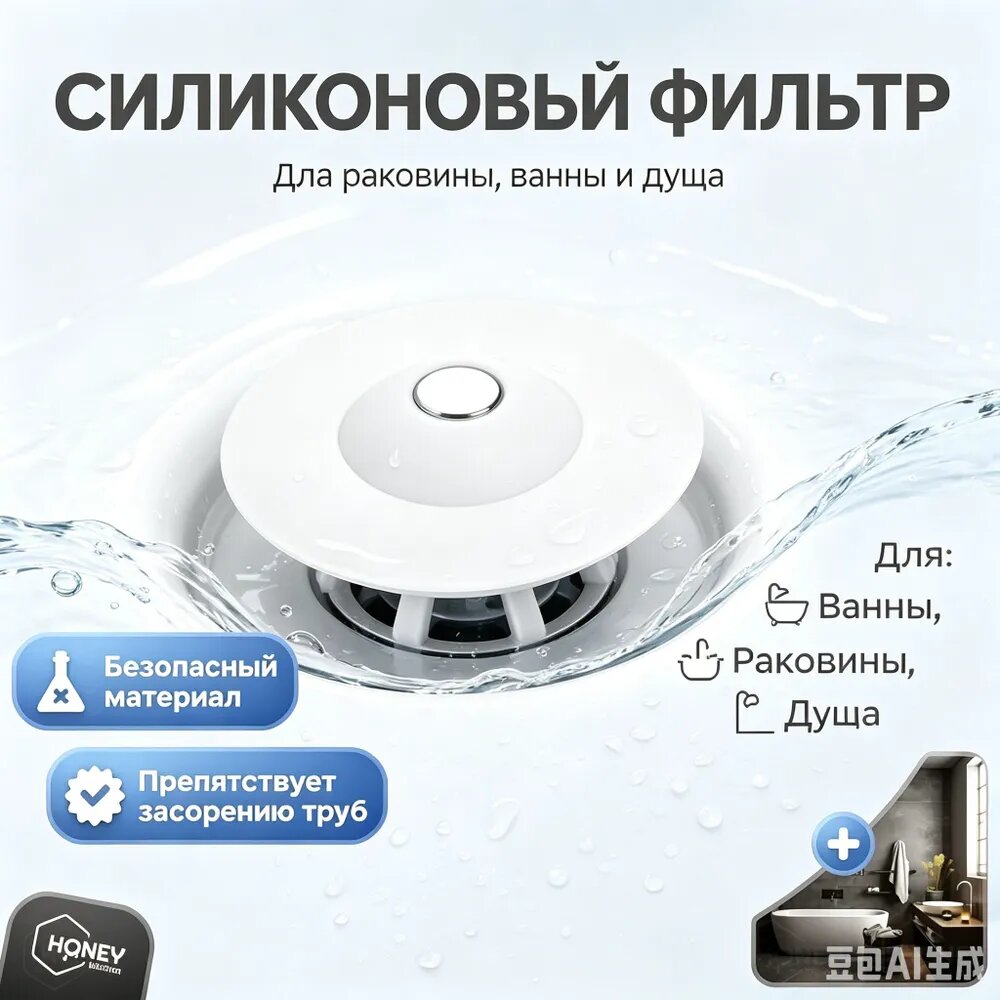 Силиконовая пробка и фильтр HONEY KITCHEN, для слива в ванной и раковине 2 в 1, пробка для ванной и кухни с редуктором, улавливатель волос,