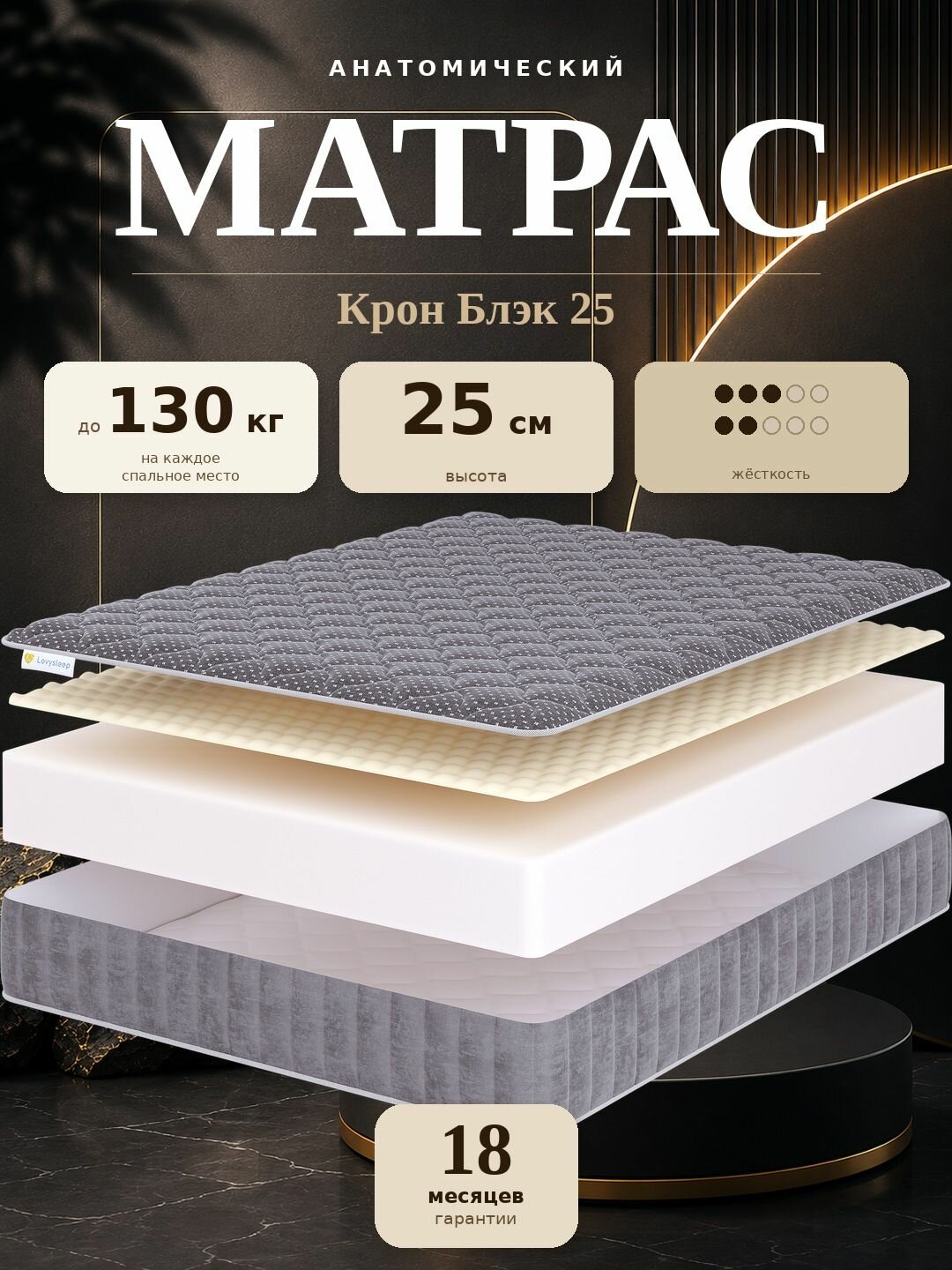 Высокий матрас 75х200 см беспружинный, упругий, черный чехол, умеренно-мягкий, 25 см - Крон Блэк 25 Lovysleep, в рулоне