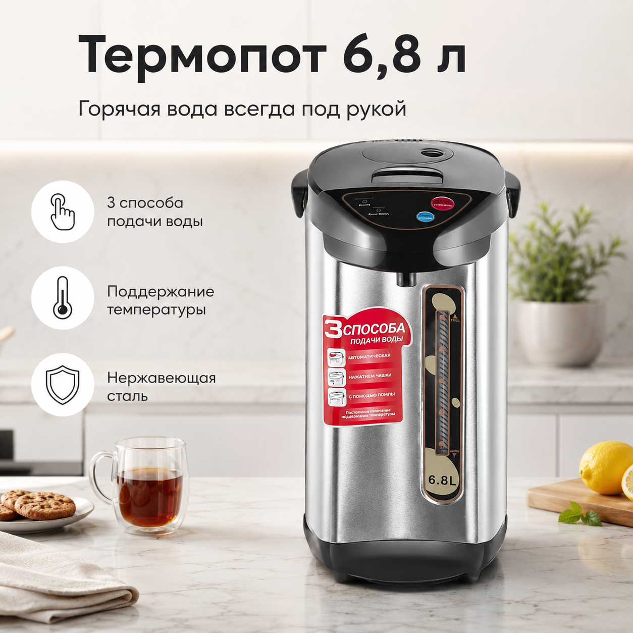 Электрический термопот 6.8 литра с 3 способами подачи воды и 3 режимами температуры，материал из нержавеющей стали 304