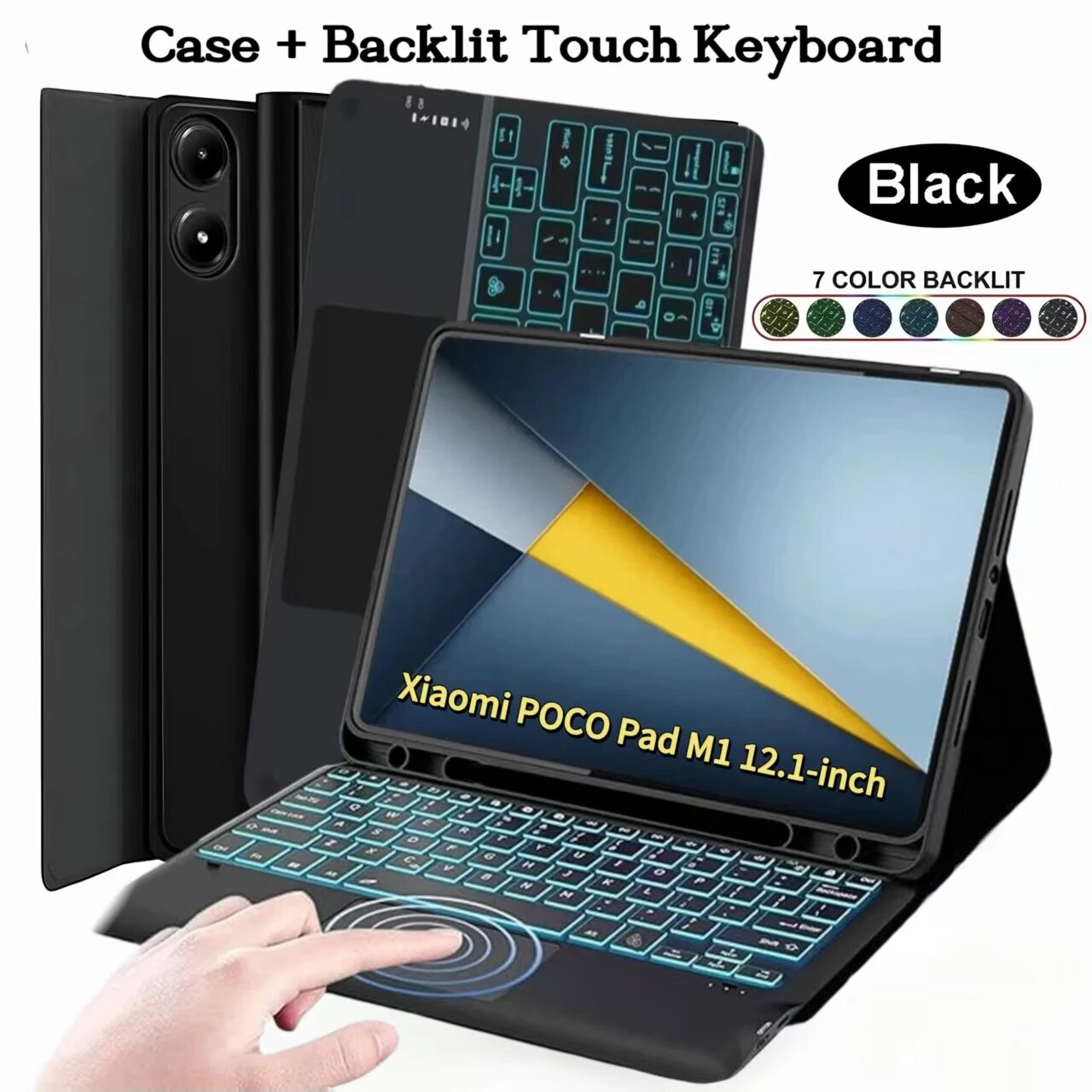 Чехол-подставка Smart Folio 2026 для планшета Xiaomi POCO Pad M1 с Black 3 Backlit, Russian keyboard