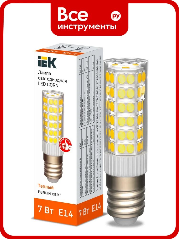 Светодиодная лампа IEK corn капсула 7вт 230в 3000к керамика e14 LLE-CORN-7-230-30-E14