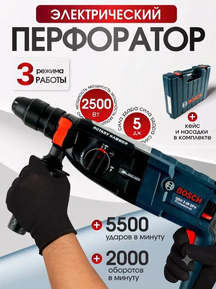 Перфоратор электрический сетевой, 2500 ВТ, в кейсе, профессиональный