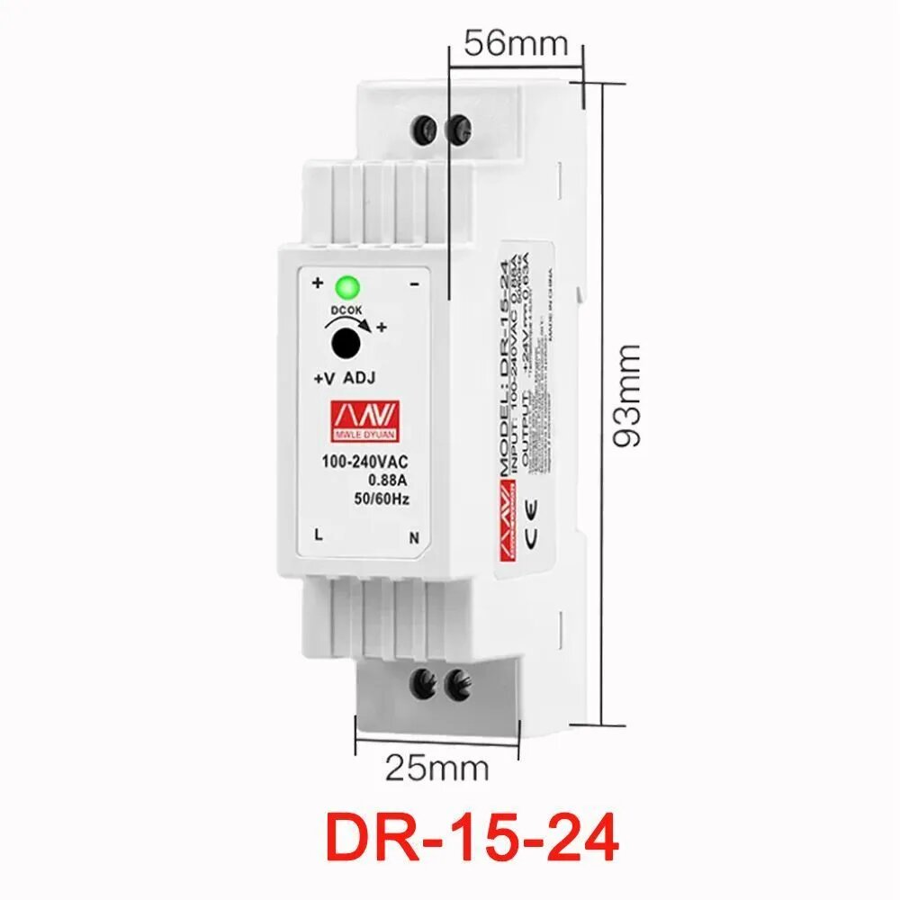 Блок питания MWLE DYUAN 24В DR-15W-24 на DIN-рейку, 100-240VAC 0.88A