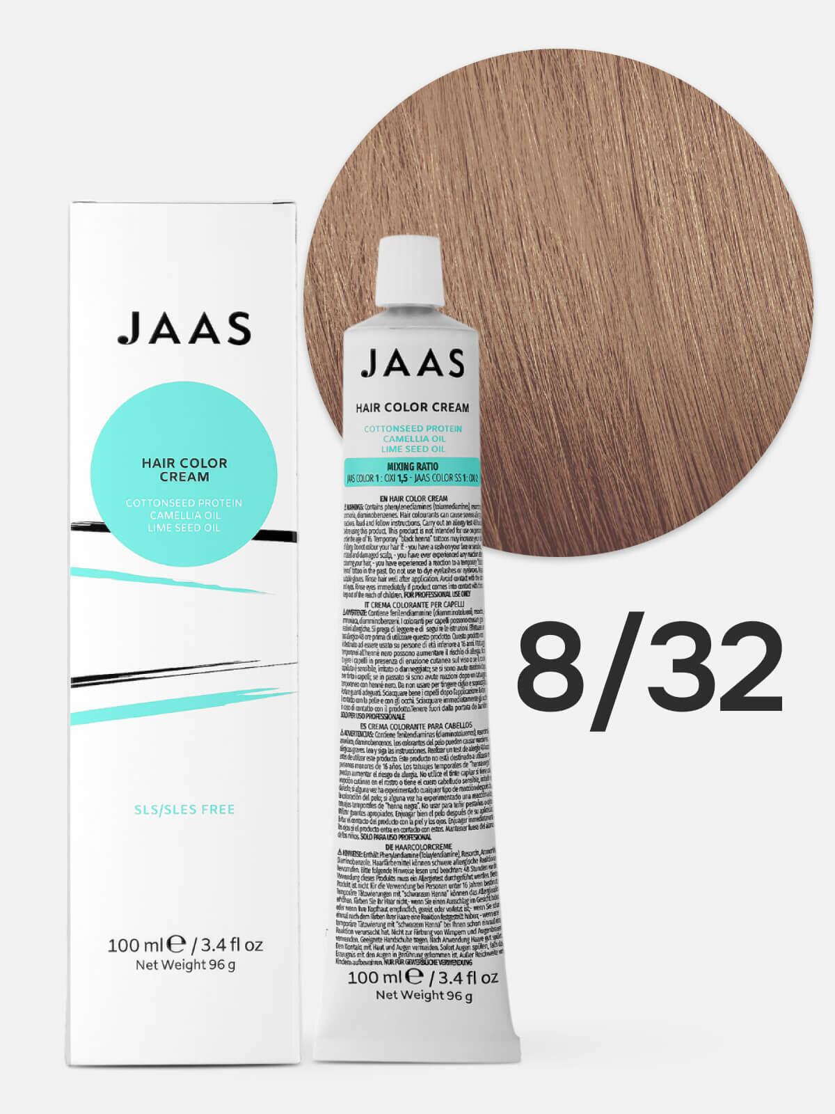 Крем - краска для волос профессиональная Jaas 8/32 Светлый русый Бежевый, 100 мл