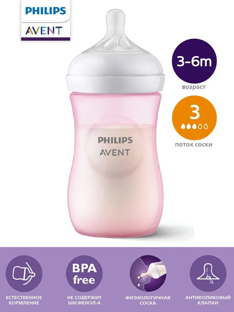 Бутылочка для кормления новорожденных Philips Avent Natural Response, SCY903/11, 260 мл, с 3-х месяцев, 1 шт, розовая, с антиколиковым клапаном