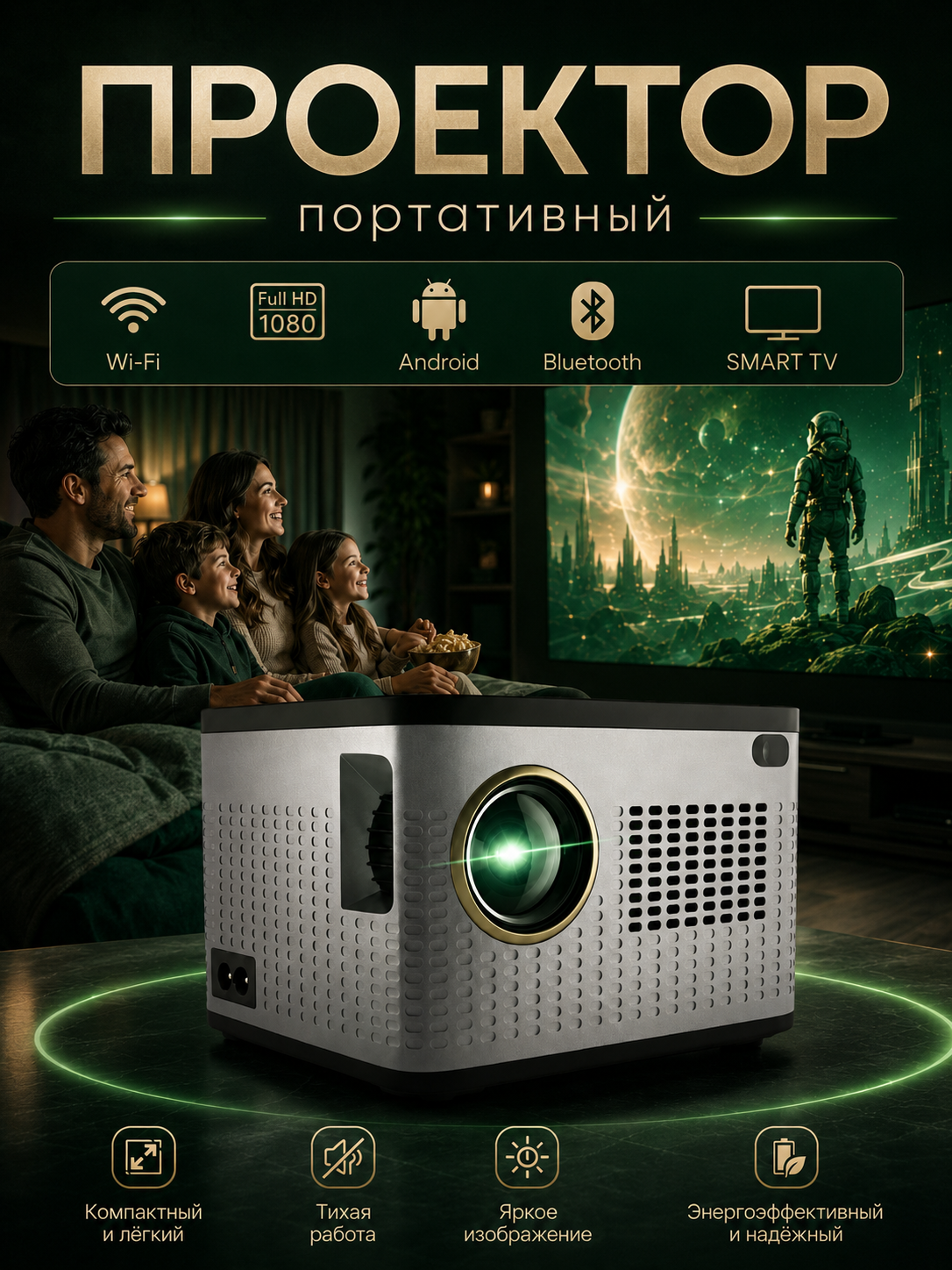 Проектор Full HD Android TV, Портативный проектор 5G, HDMI, Проектор мультимедийный Wi-Fi 1080p, Cерый