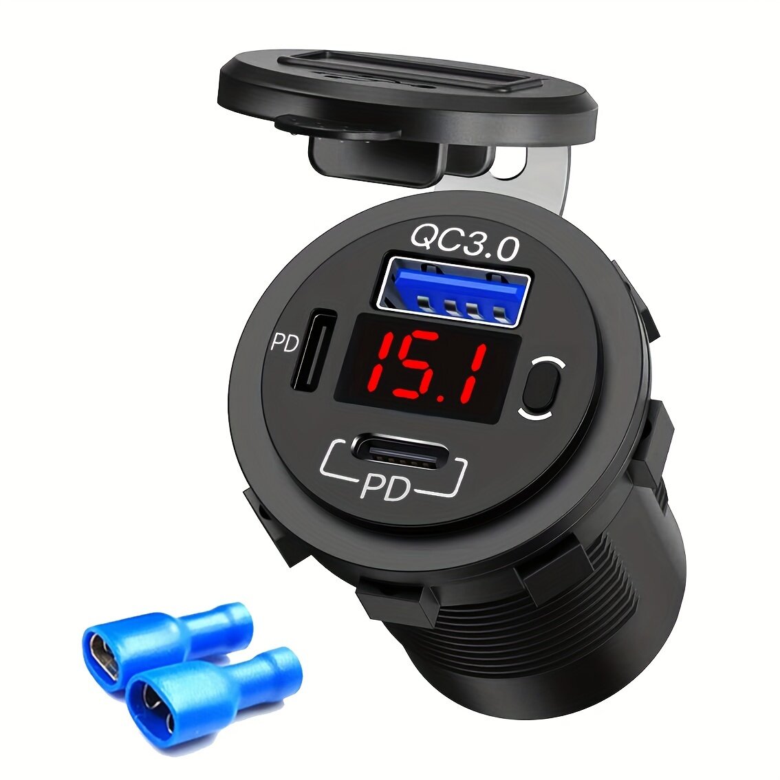 Быстрая автомобильная зарядка с USB Type-C и QC3.0 18W, двойной PD3.0 36W, вольтметр на LED-дисплее, адаптер 12/24V для авто, лодок, домов на колёсах, квадроциклов, автобусов, грузовиков и мотоциклов, красная подсветка, без провода
