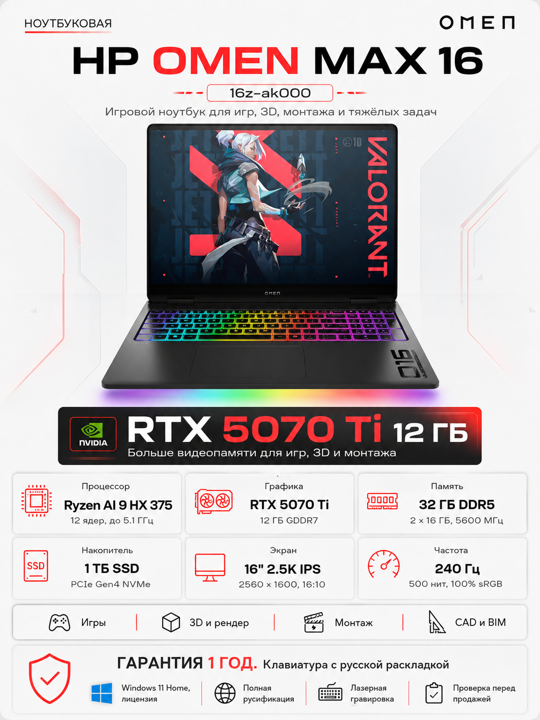 Игровой ноутбук HP OMEN MAX 16 (Ryzen AI 9, 32 ГБ, 1 ТБ, RTX 5070 Ti, 240 Гц, Win 11) Черный