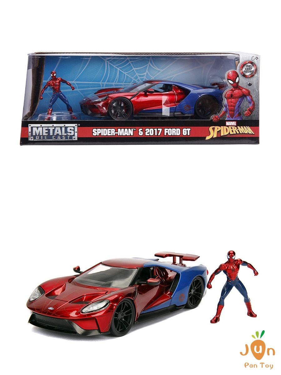 Jada Marvel Spider-Man 2017 Ford GT 1:24 Die-Cast Car / открыв. двери, детализ. красно-синяя раскраска в стиле супергероя, подв. колёса, для коллекции, для детей от 8 лет, отл. подарок на ДР