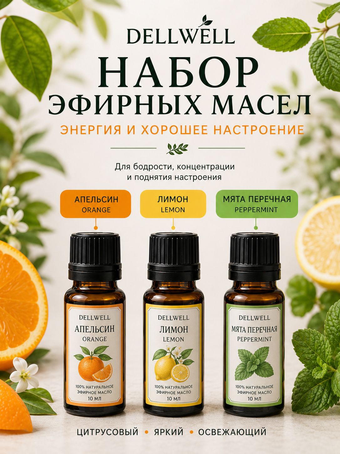 Набор эфирных масел DELLWELL "Энергия и хорошее настроение", Апельсин, Лимон, Мята перечная, 3 шт.