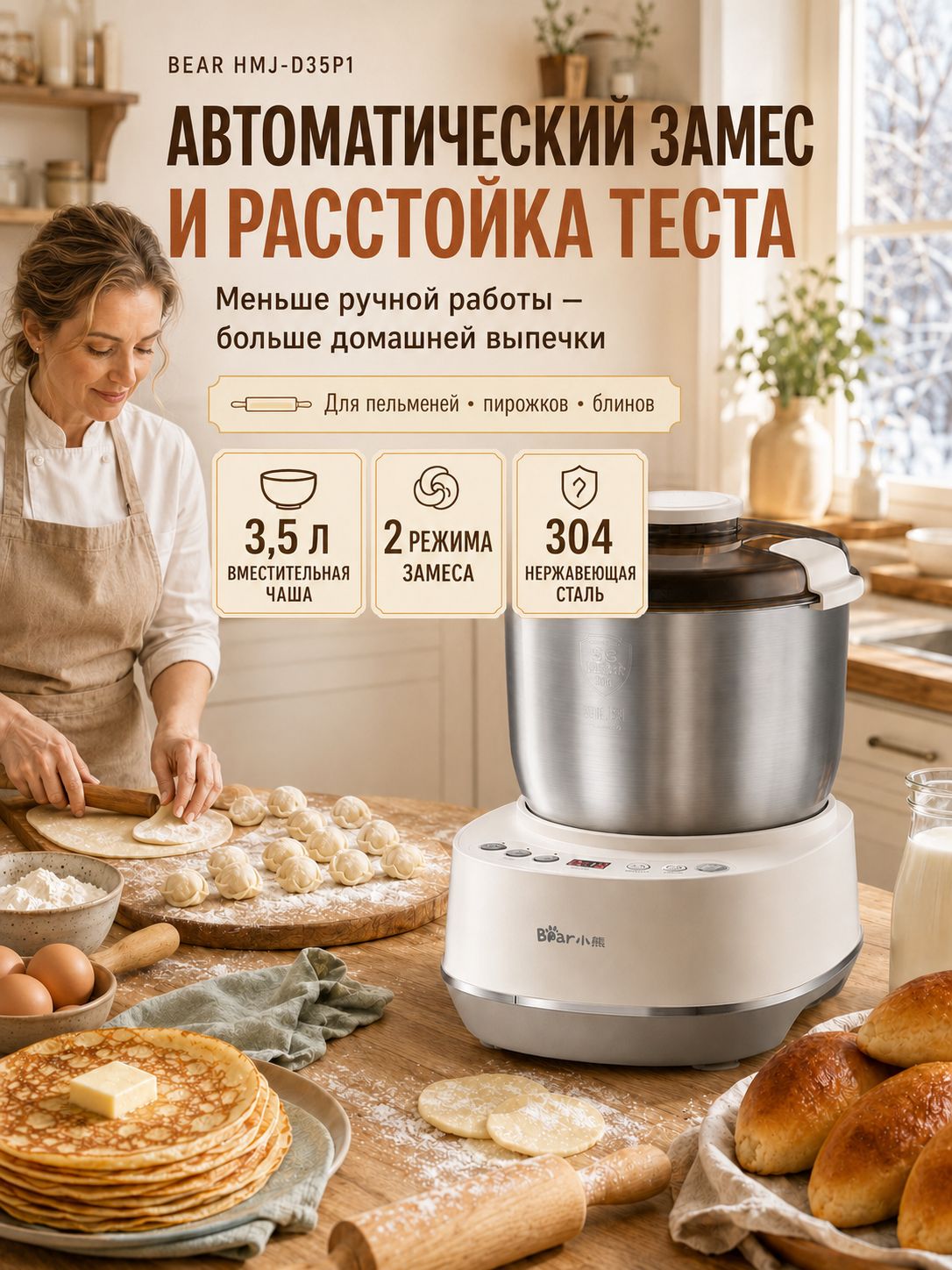 Bear HMJ-D35P1 Китайская версия тестомес 3,5 л с расстойкой теста, 2 скорости, чаша из нержавеющей стали 304