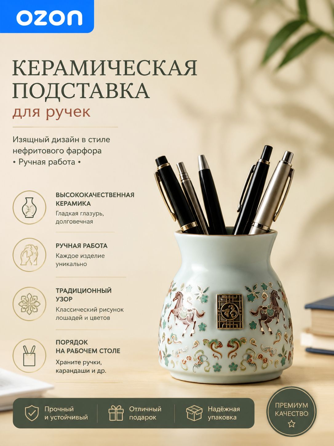 Керамический стакан-органайзер для письменных принадлежностей для карандашей и ручек на стол