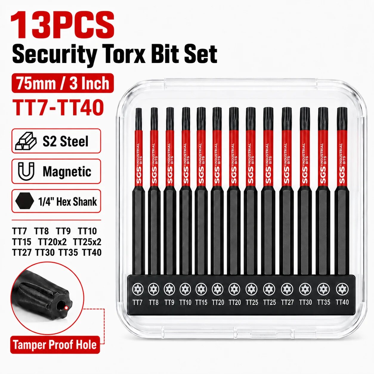 Набор торцевых бит Torx SGS 13 шт, сталь S2, магнитные, 75 мм