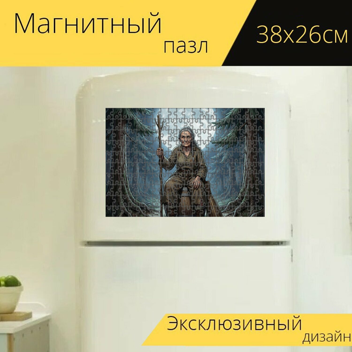 Магнитный пазл "Старая ведьма в ночном лесу. Мрачная иллюстрация с пожилой колдуньей под полной луной среди елей. Мистическая чаща, метла, посох, темные." для интерьера, 38х26 см.