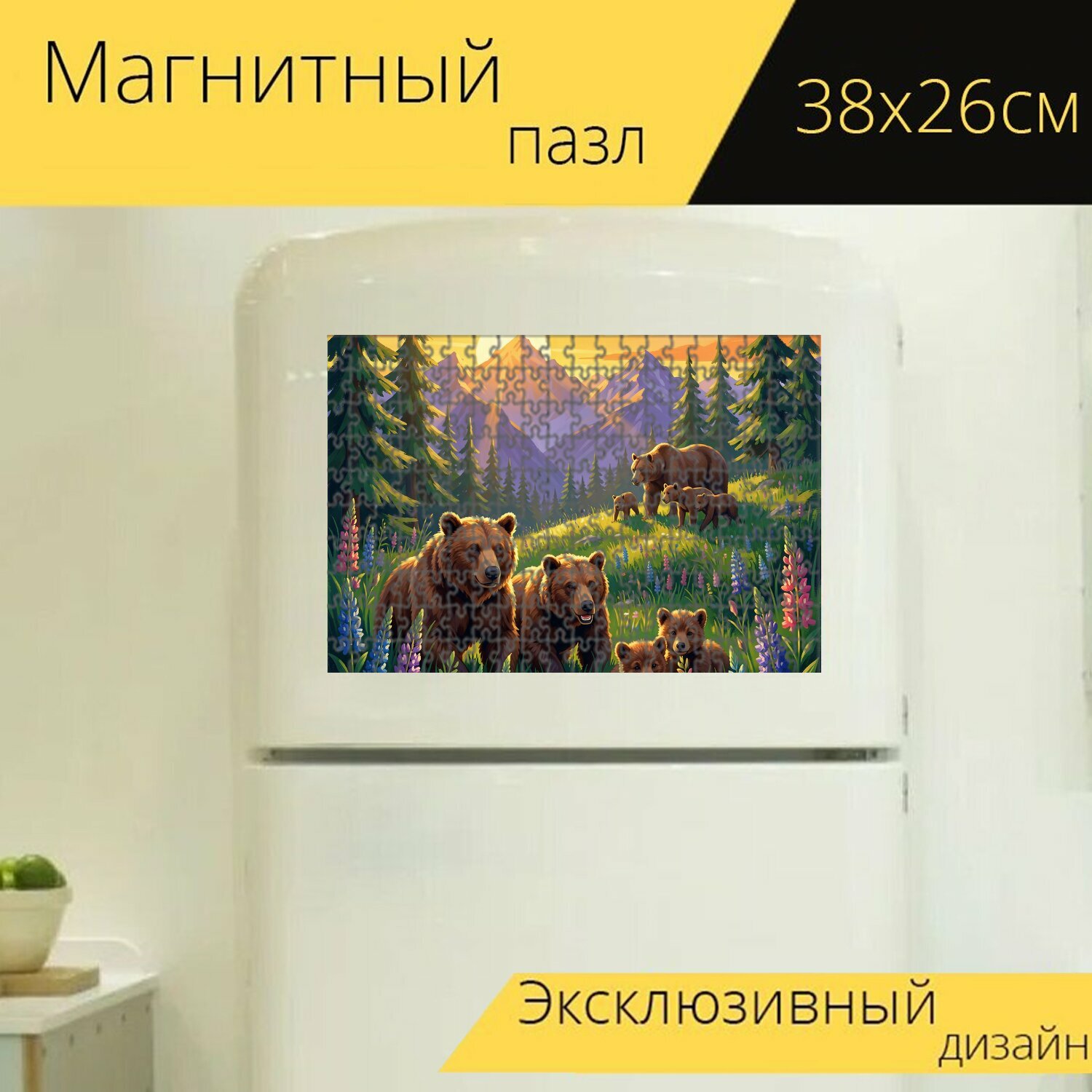 Магнитный пазл "Семья медведей в горах. Живописная иллюстрация с бурыми хищниками и медвежатами на цветущем альпийском лугу среди елей, на фоне высоких." для интерьера, 38х26 см.