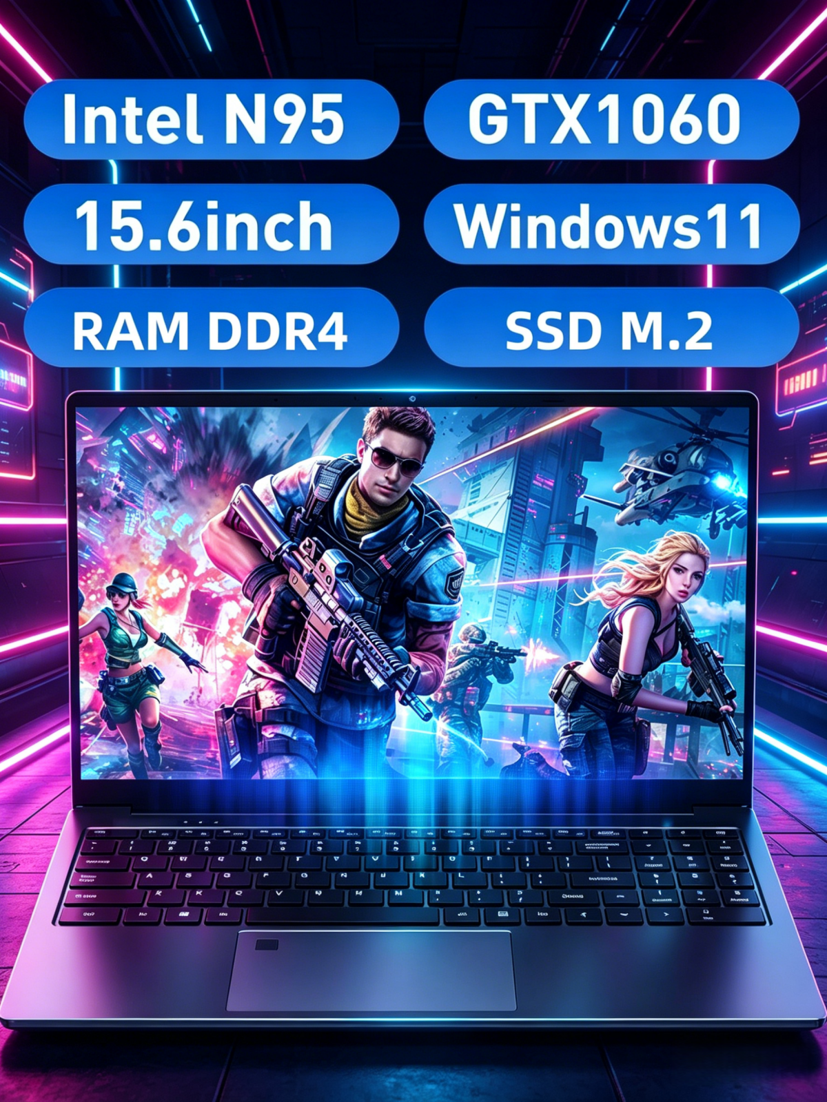 15,6" IPS видеокарта GTX1060 Intel N95 до 3,4GHz, Подсветка клавиатуры, Ноутбук для работы, учёбы и игр ，Windows11